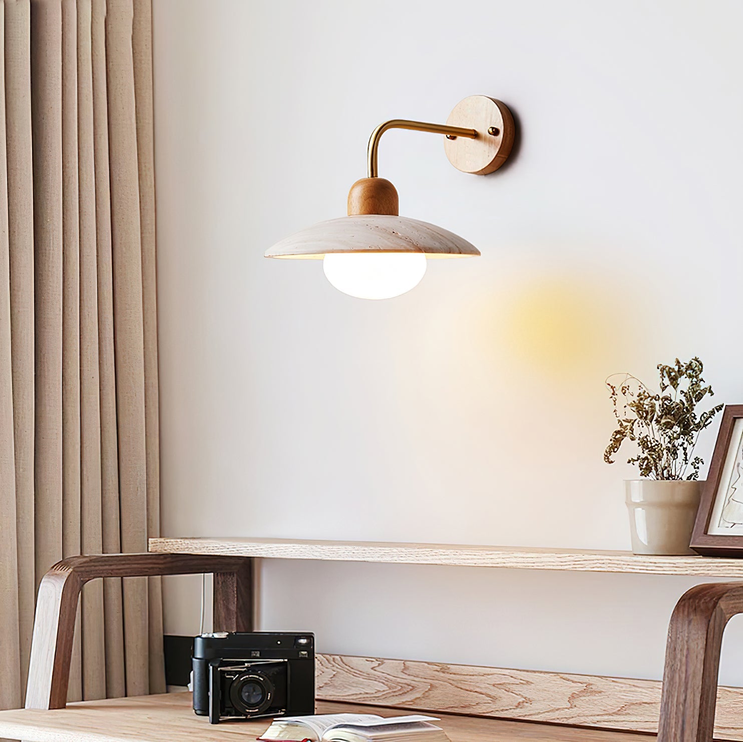 Modern Wall Light with Yellow Travertine Shade and Wood Base - Damp Ra ...